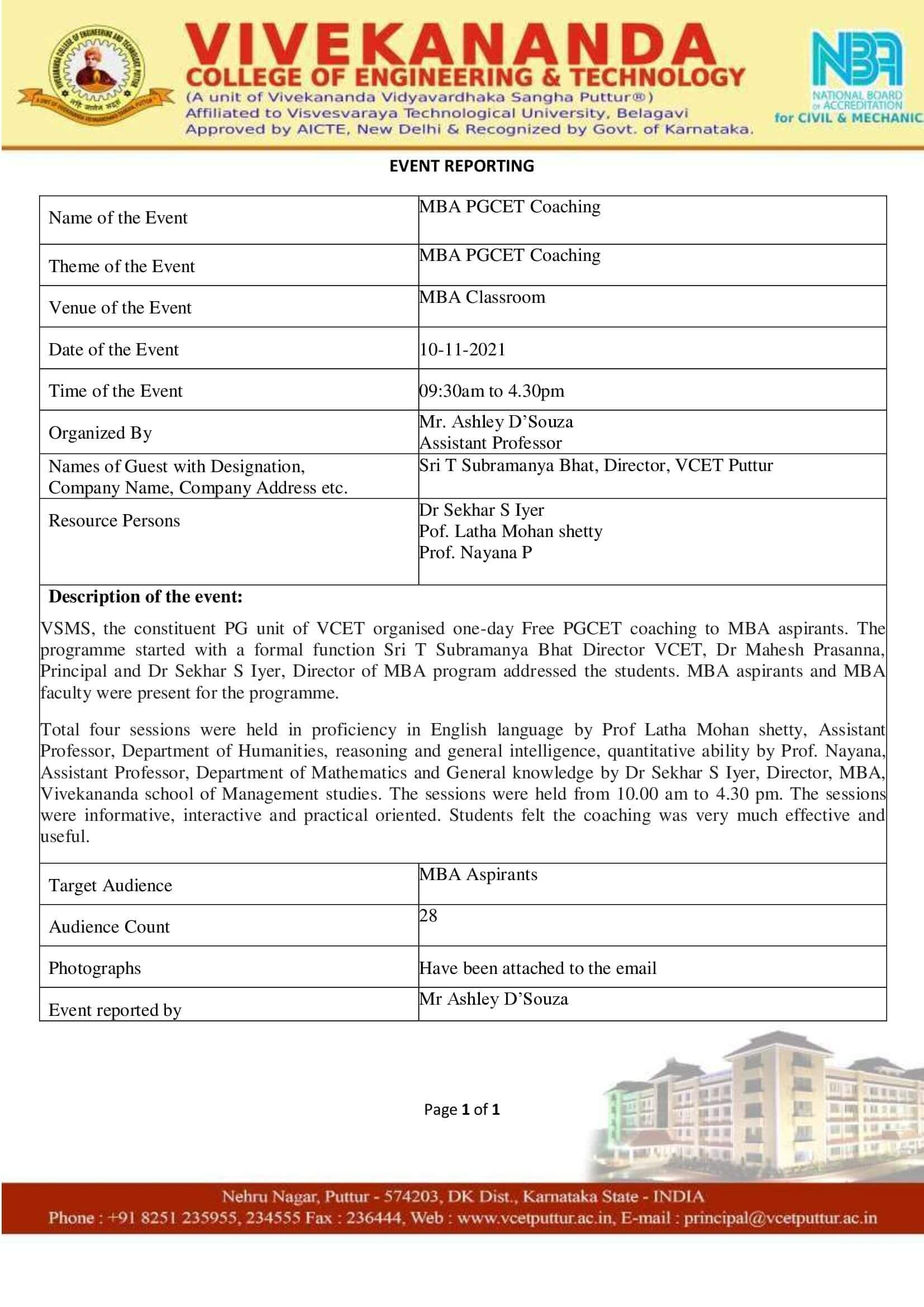 MBA PGCET Coaching | VCET